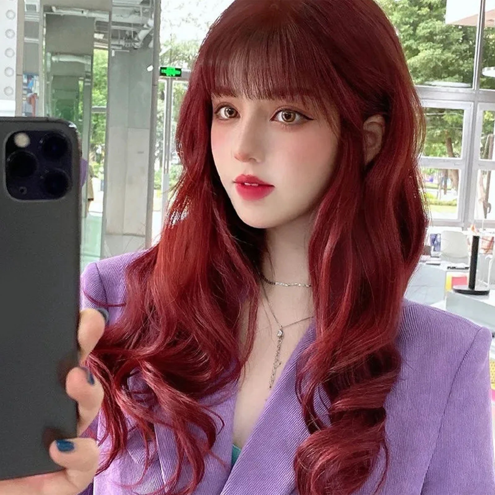 Wine Red Long Curly Wig With Air Bangs Comfortable Long Wavy Wig ...