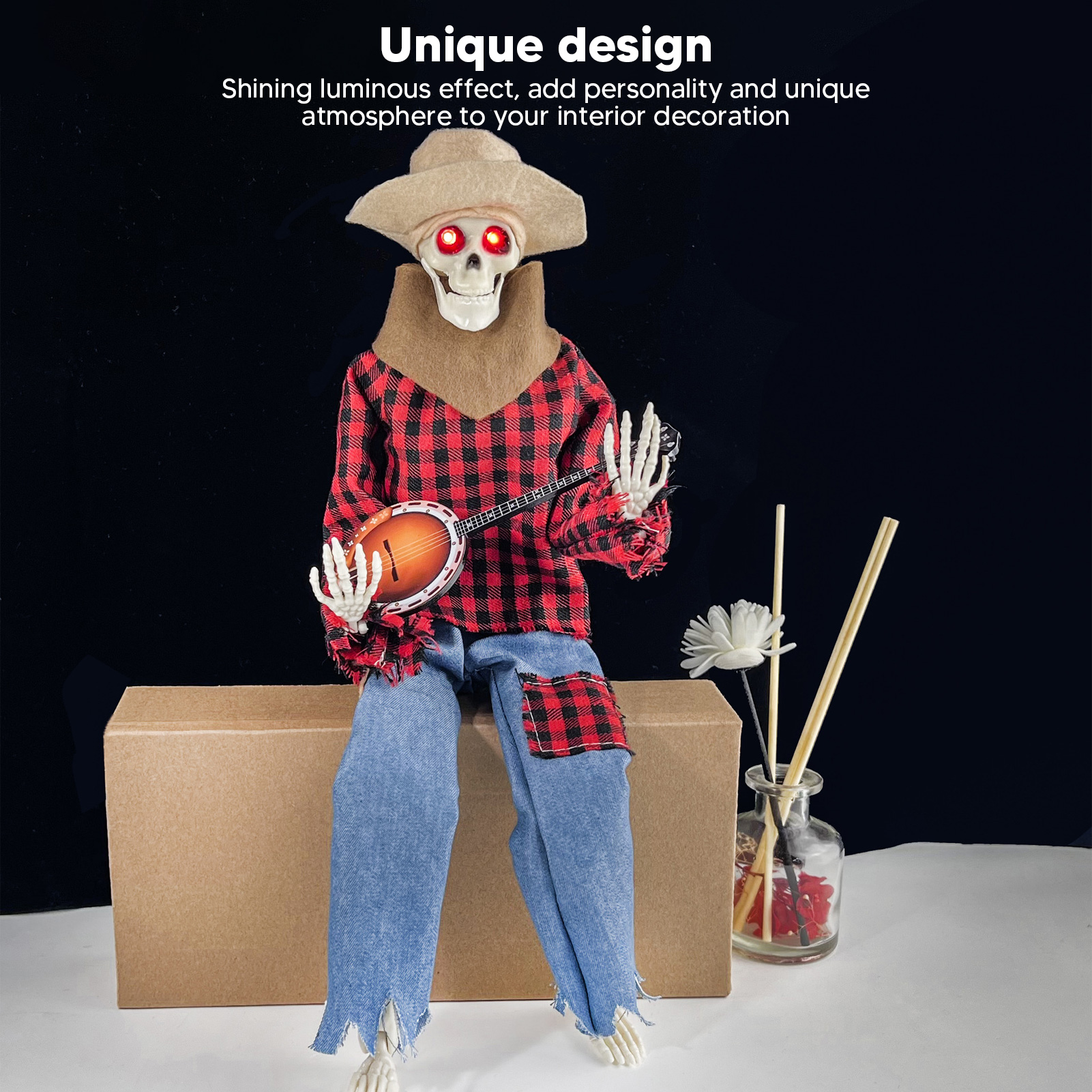 Halloween Cowboy Skull Statue Luminous Eyeballs Scary Cowboy Skeleton ...